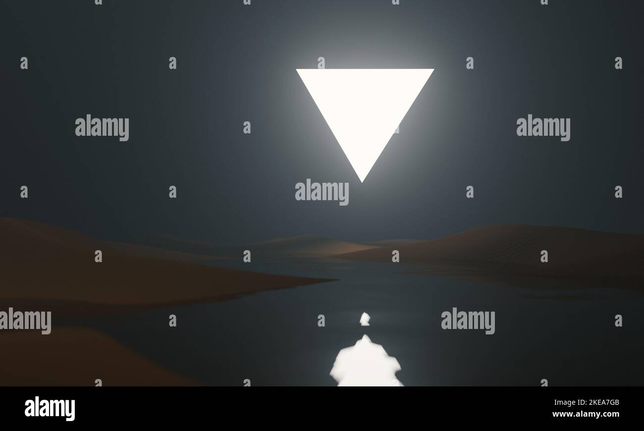 Surreal desert landscape with shiny triangle. 3D rendering Stock Photo ...