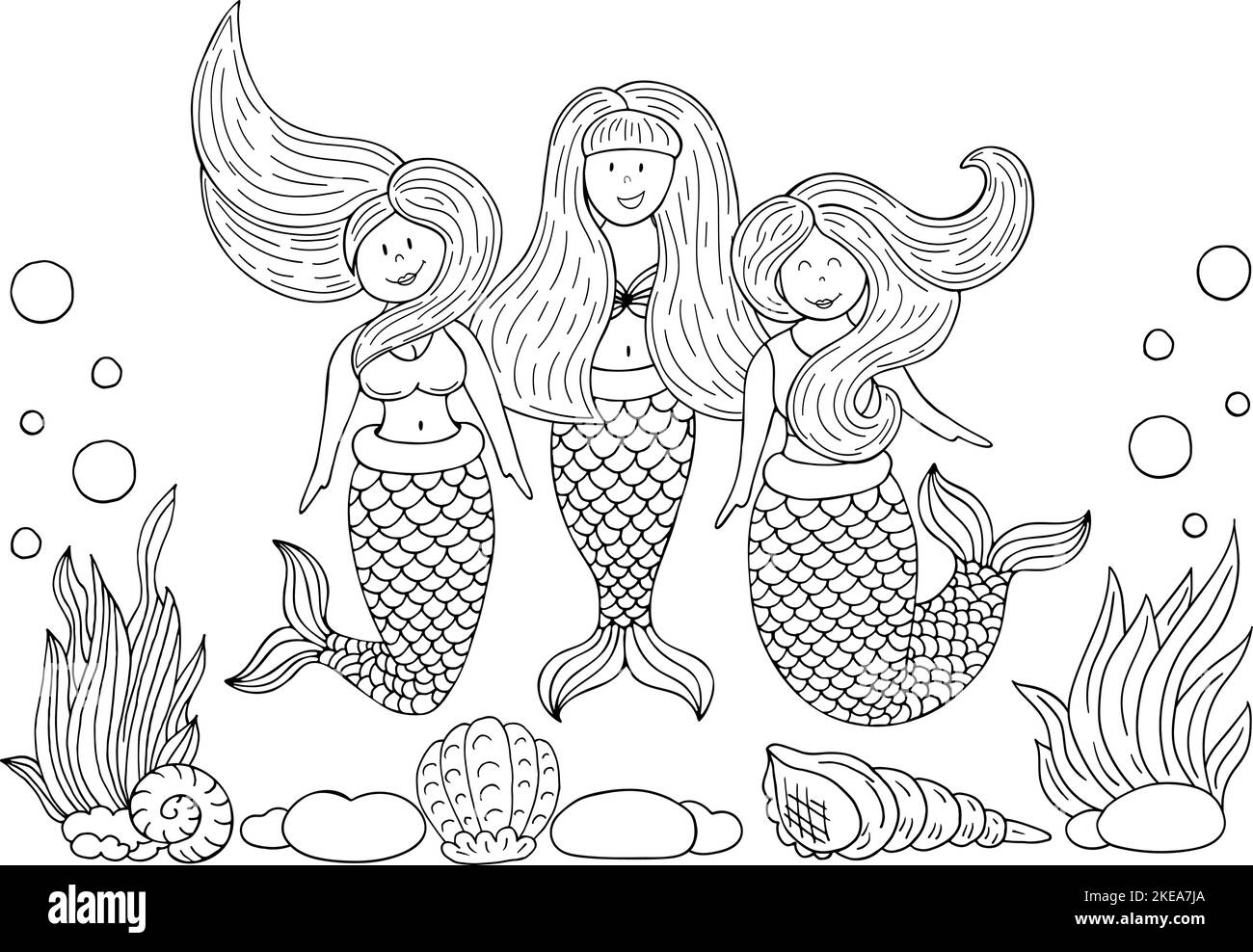 Three mermaid friends in the underwater world. Illustrations in hand ...