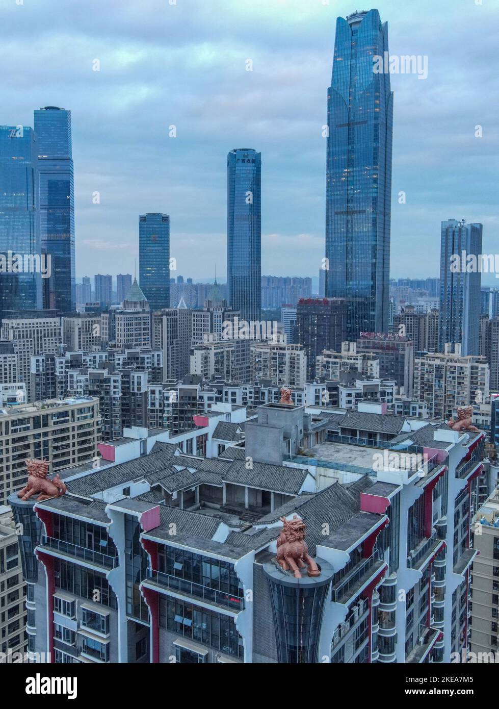 Aerial photos show two quadrangle courtyards with four Kylin statues on ...