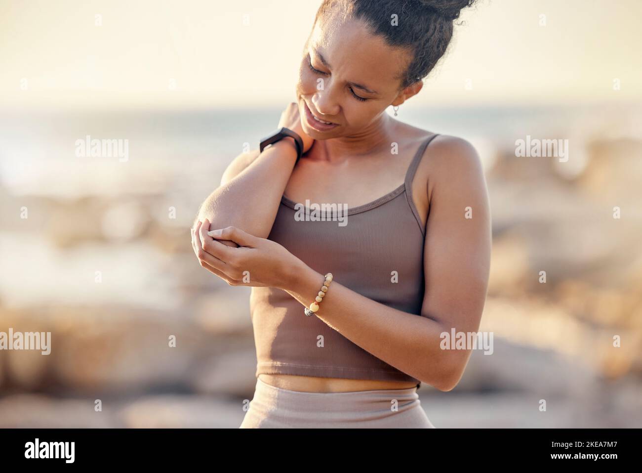 Black woman, elbow pain and fitness injury from workout, exercise or ...