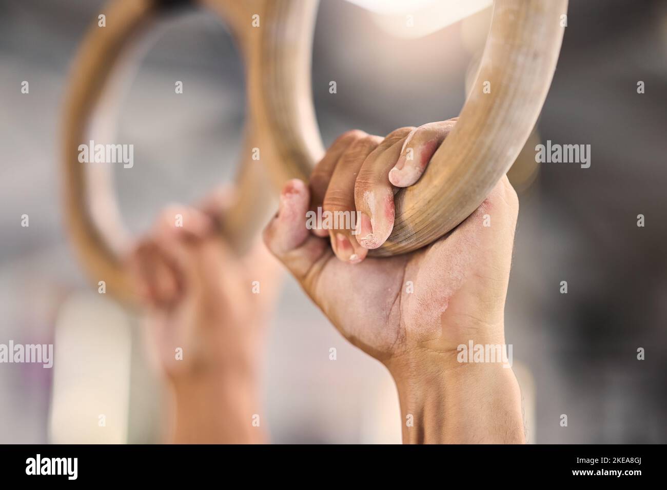 Gym, hands and rings workout by man for fitness, muscle and training ...