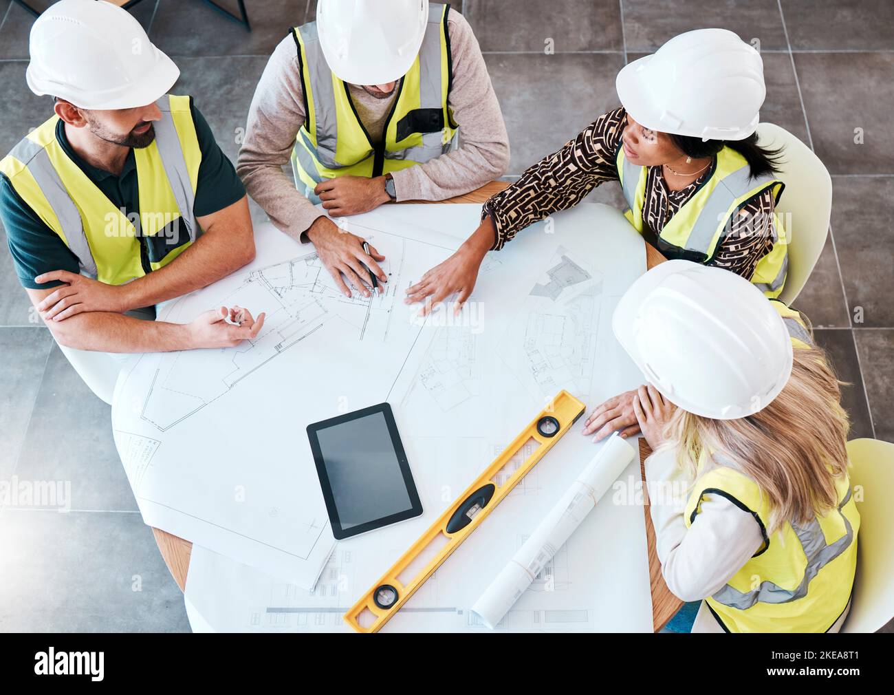 Above Blueprint And Architects Planning Design Of House During Meeting For Construction And