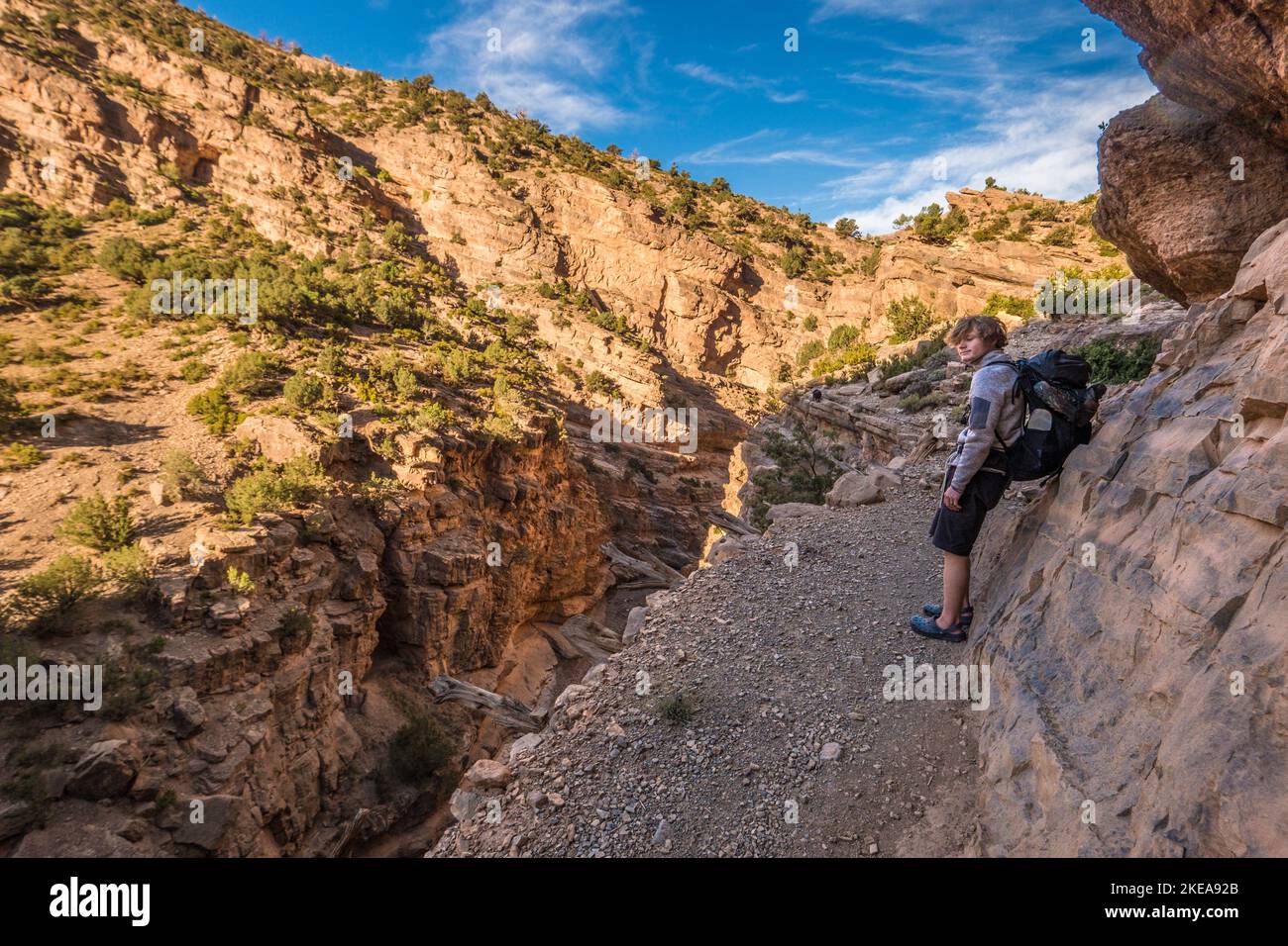 A trekker on a man made stairway up the canyon side of the M'Goun Gorge ...