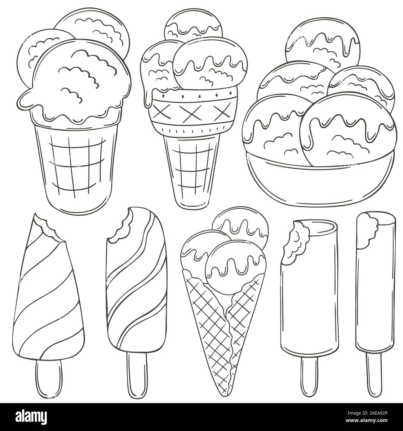 Set of vector illustrations in hand draw style. Coloring ice cream ...