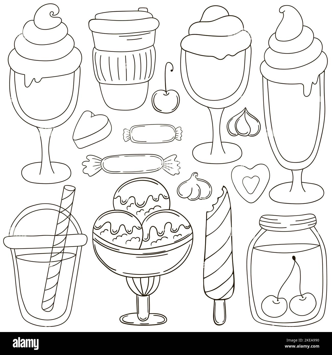Coloring ice cream. Set of vector illustrations in hand draw style ...