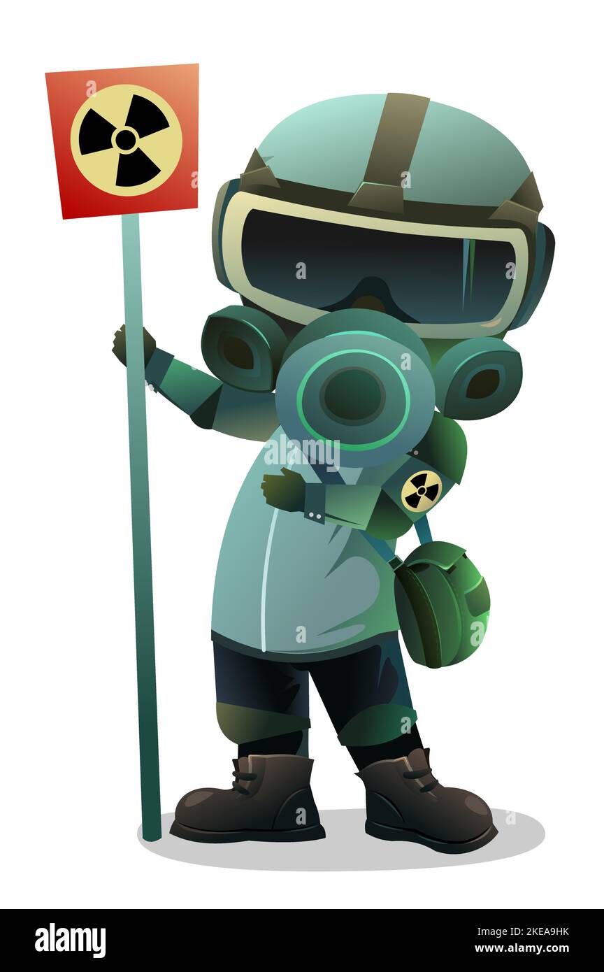 Man in gas mask shows sign radiation contamination. Character in ...