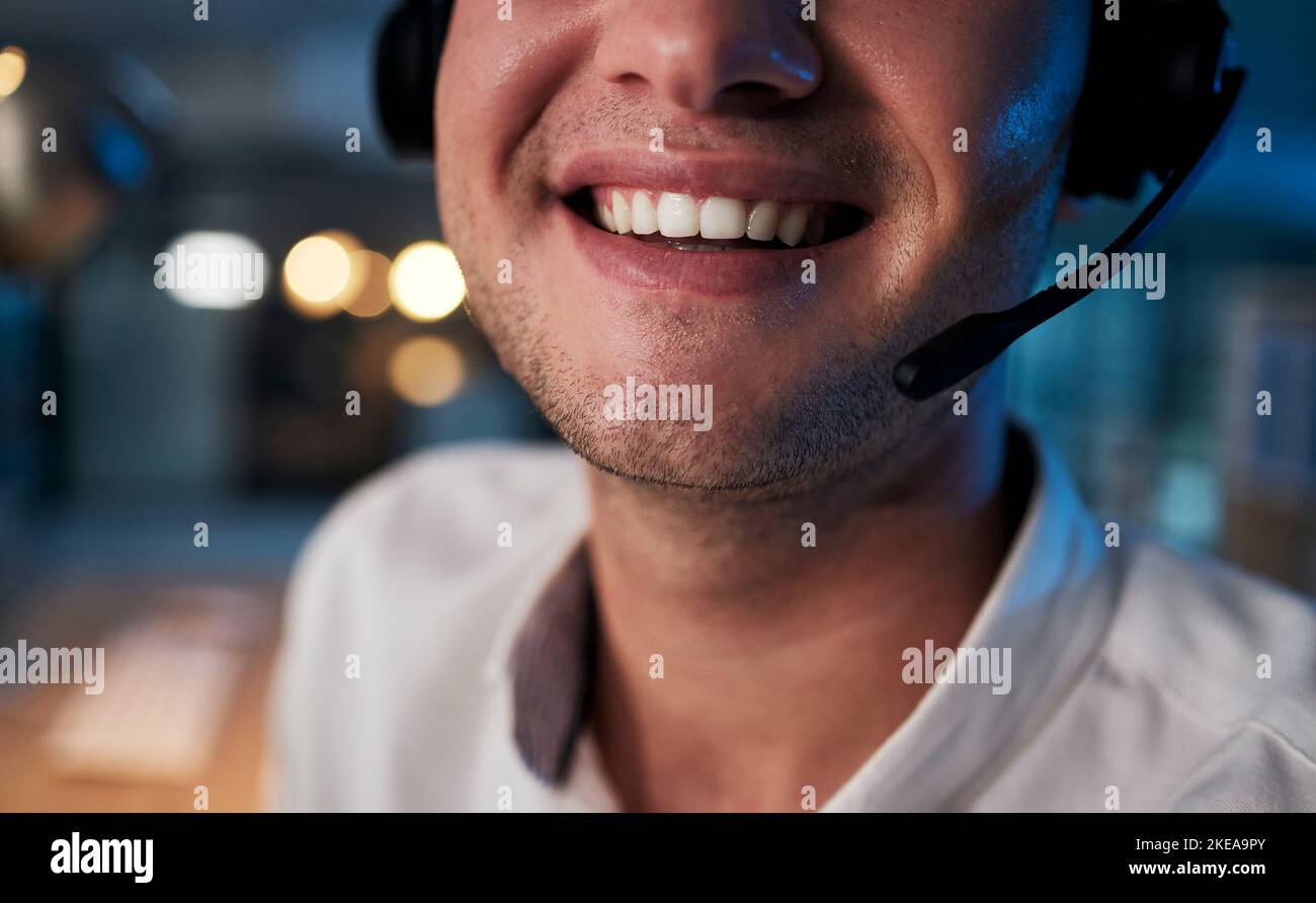 Call center, smile and mouth of a worker in telemarketing, support and ...