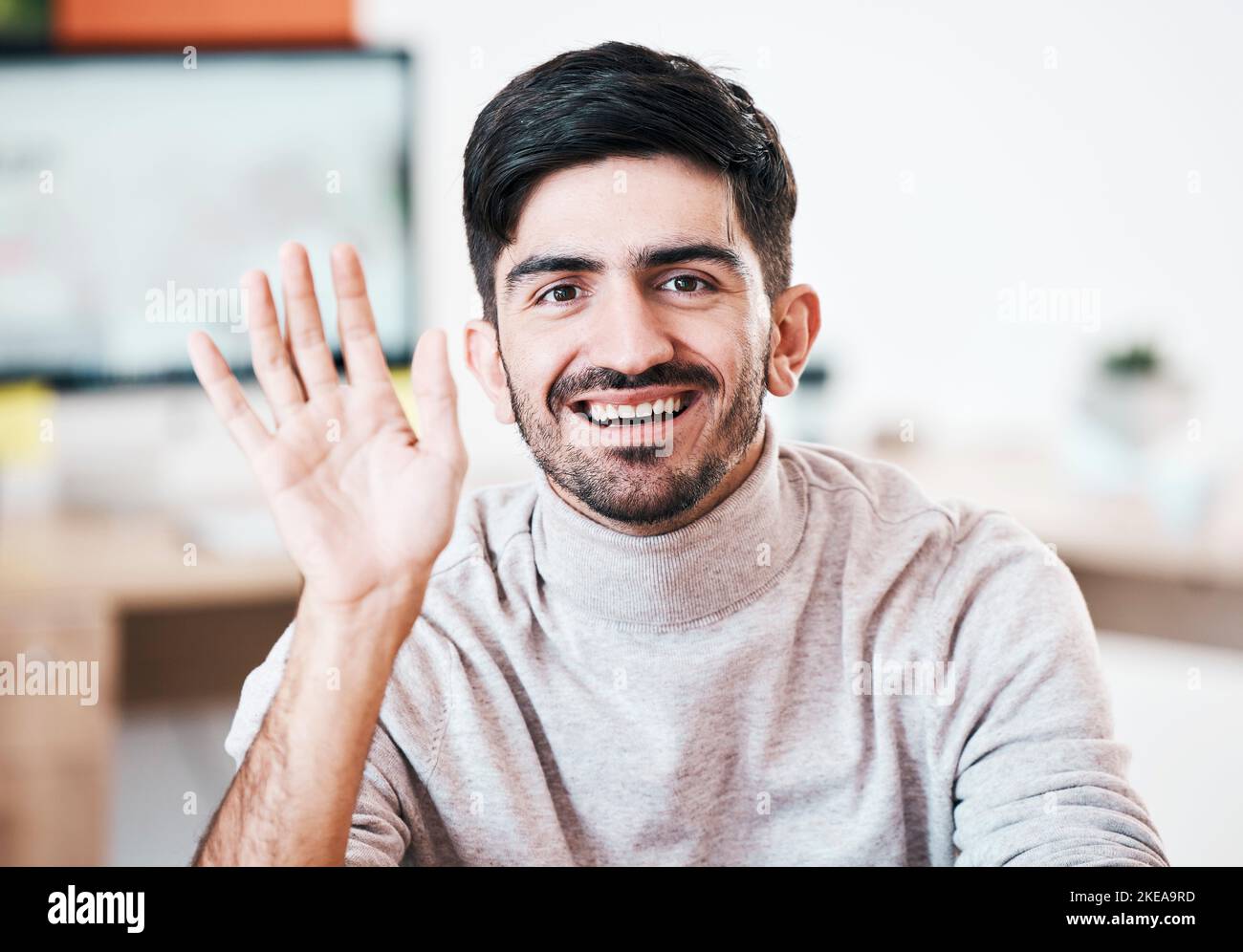 Business man, video call, and wave hello for online meeting, webinar ...