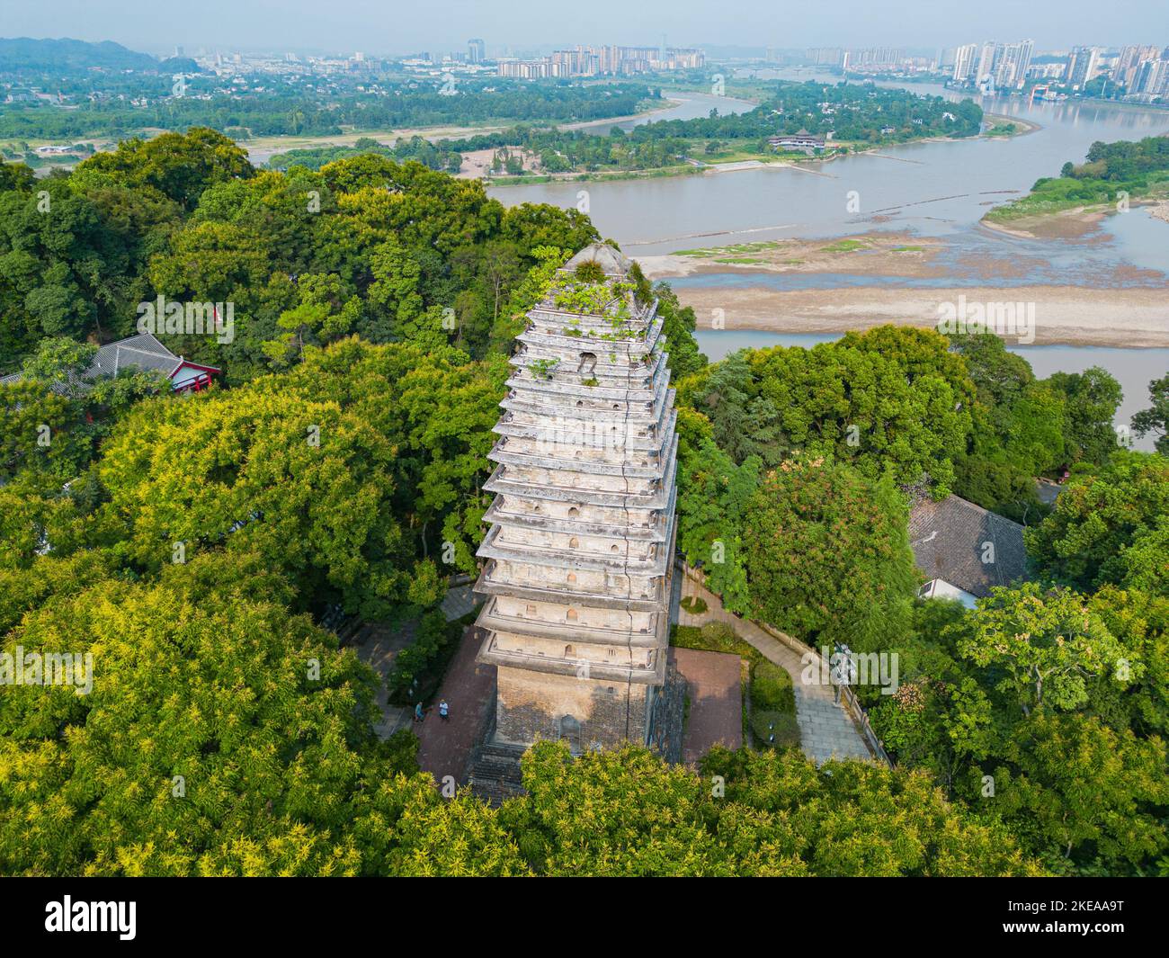 Aerial photos show Lingbao Pagoda on the Lingbao Peak in Leshan City, southwest China's Sichuan ...