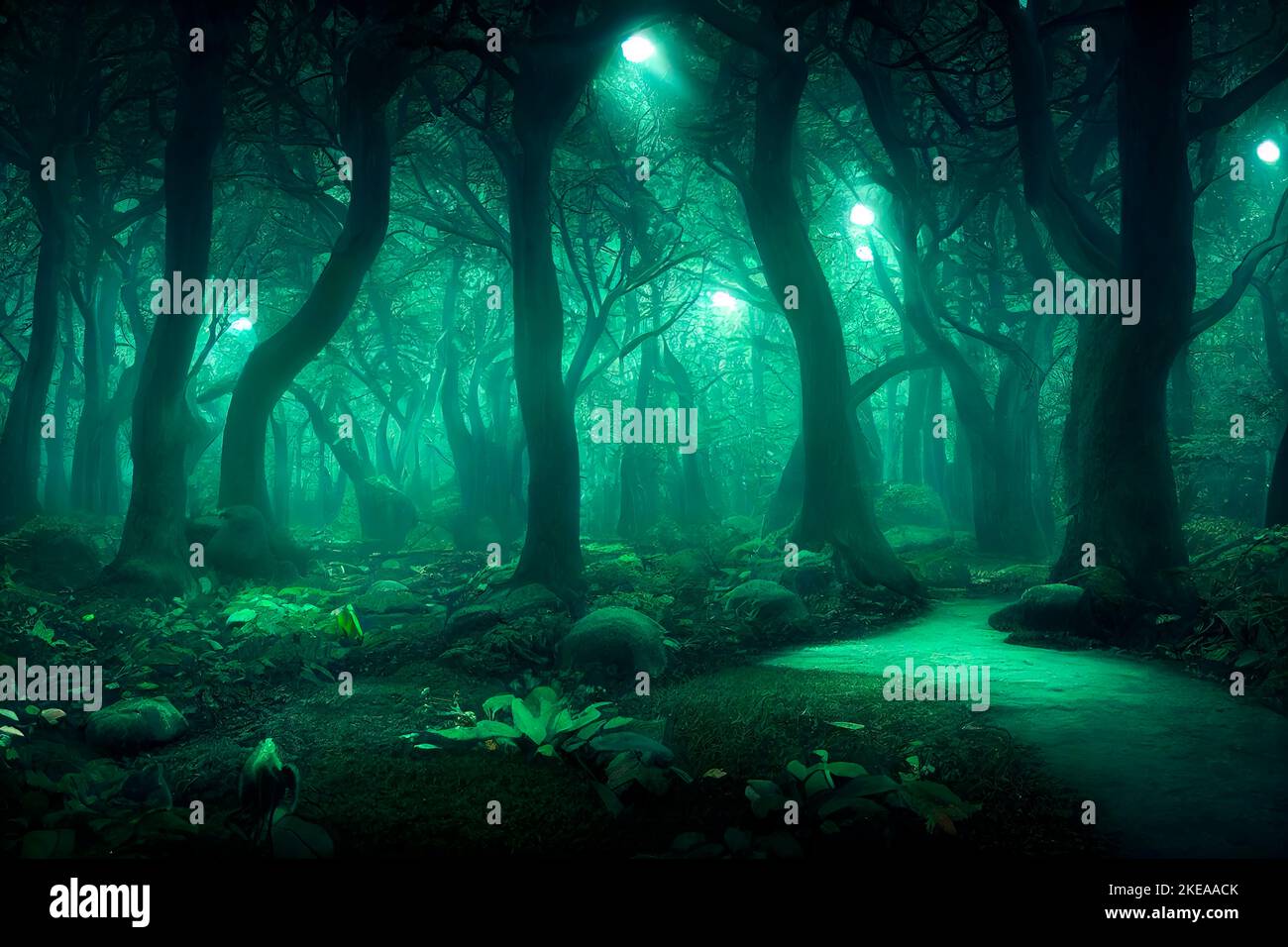Magical forest path with glowing fireflies . Night magical fantasy ...