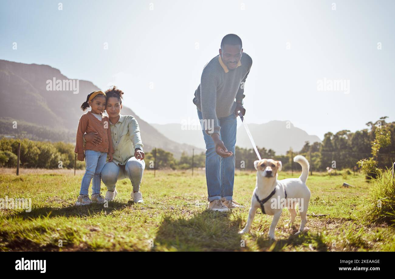 Dog, walking and family relax together in nature park enviroment. Black ...