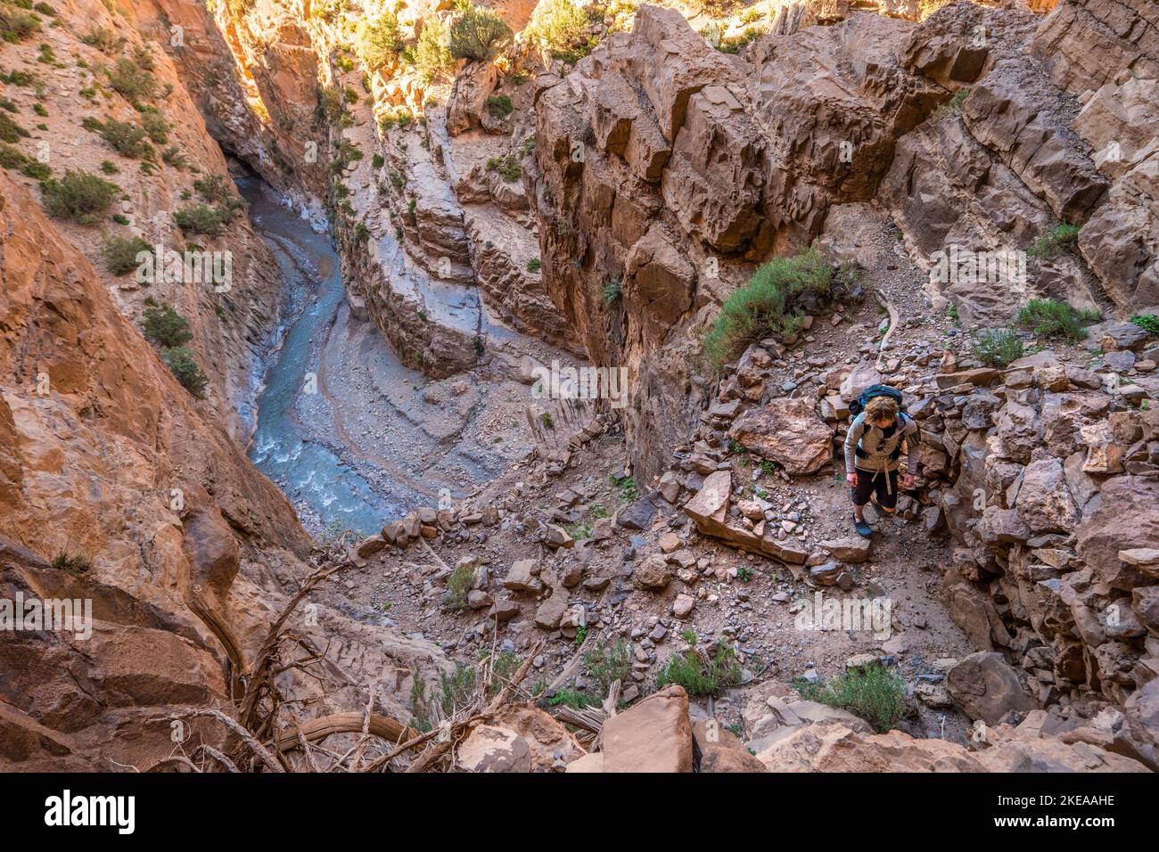 A trekker on a man made stairway up the canyon side of the M'Goun Gorge ...