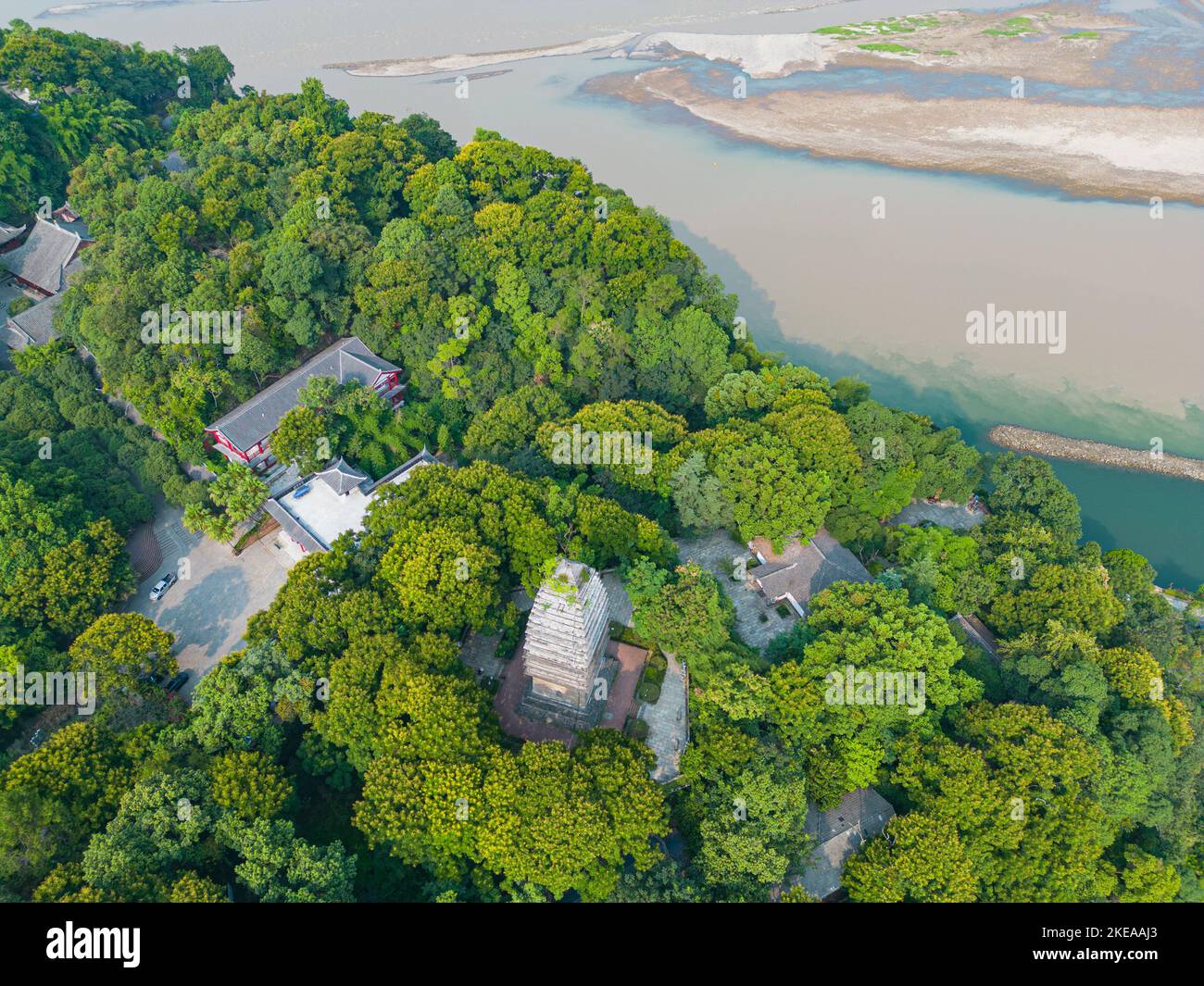 Aerial photos show Lingbao Pagoda on the Lingbao Peak in Leshan City ...