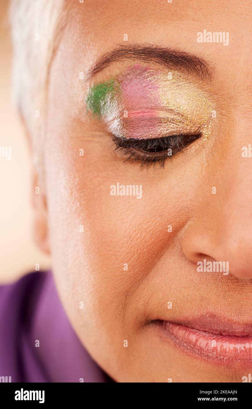 Eyeshadow, eye and mature woman for beauty, cosmetics and skin wellness ...