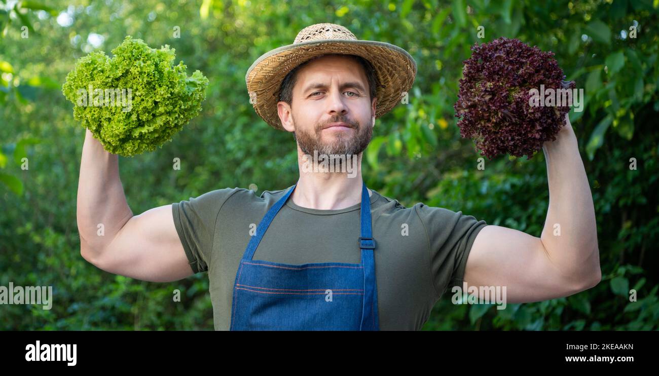 strong man greengrocer in straw hat with lettuce leaves Stock Photo - Alamy