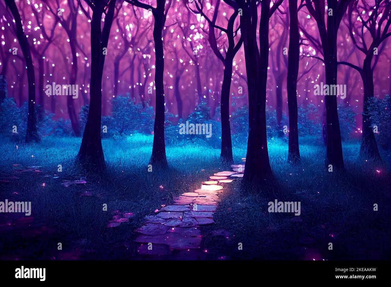 Magical forest path with glowing fireflies . Night magical fantasy forest. Forest landscape ...