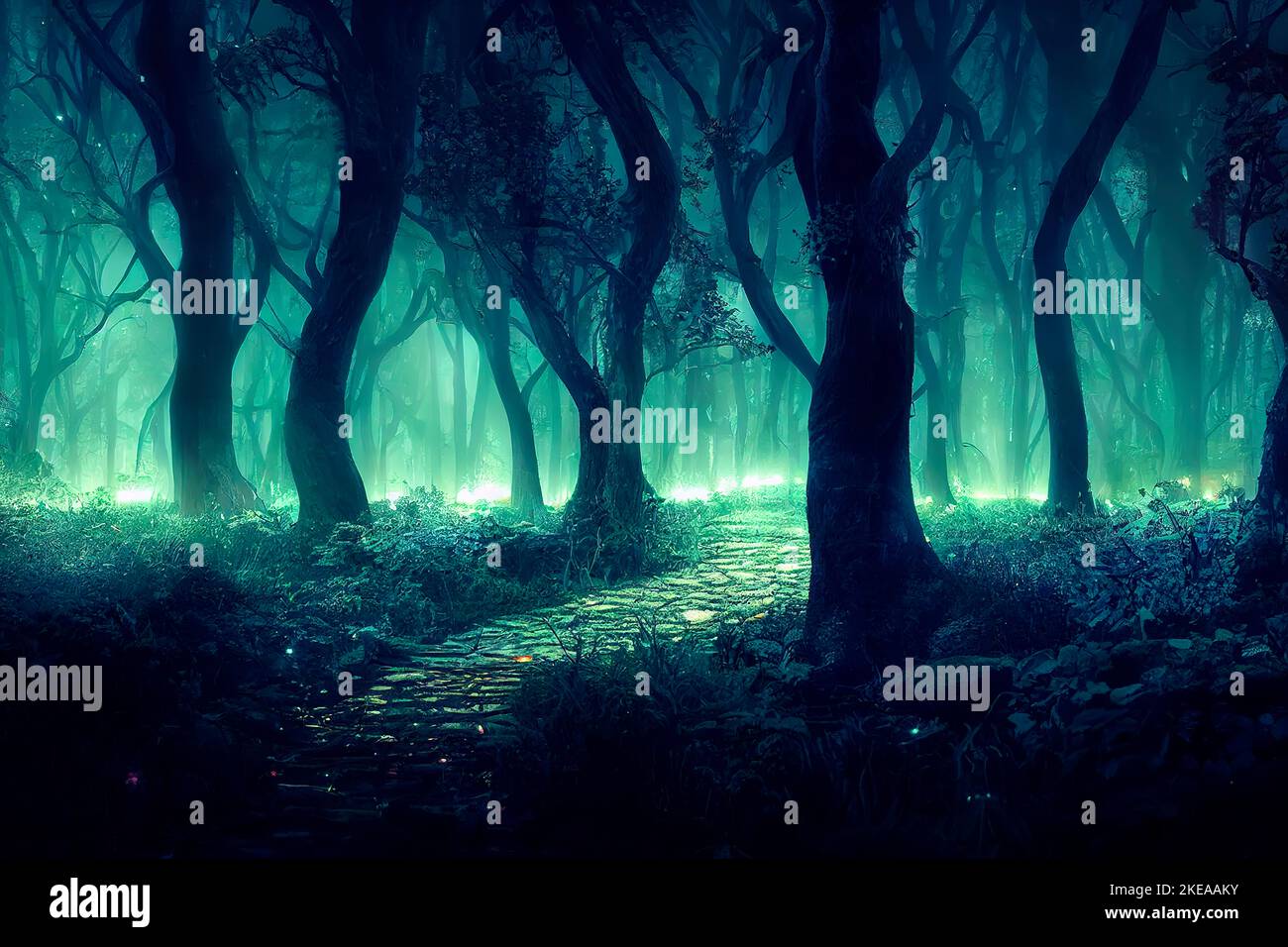 Magical forest path with glowing fireflies . Night magical fantasy ... Magical forest path with glowing fireflies . Night magical fantasy ...