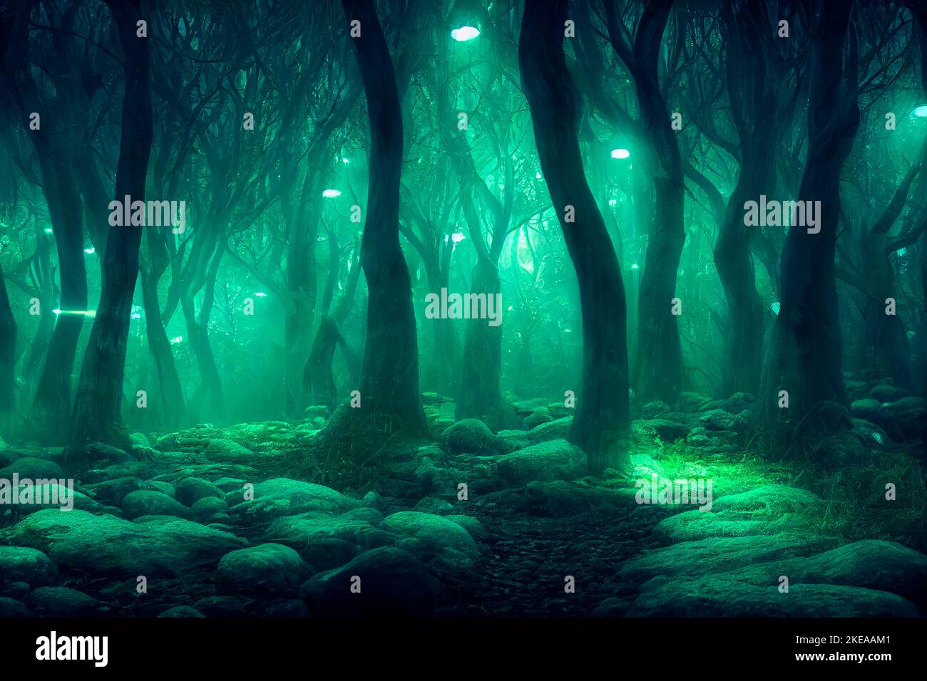 Colorful bioluminescence plants in forest, epic landscape in background ...