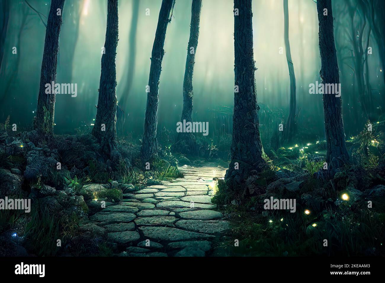 Magical forest path with glowing fireflies . Night magical fantasy ...