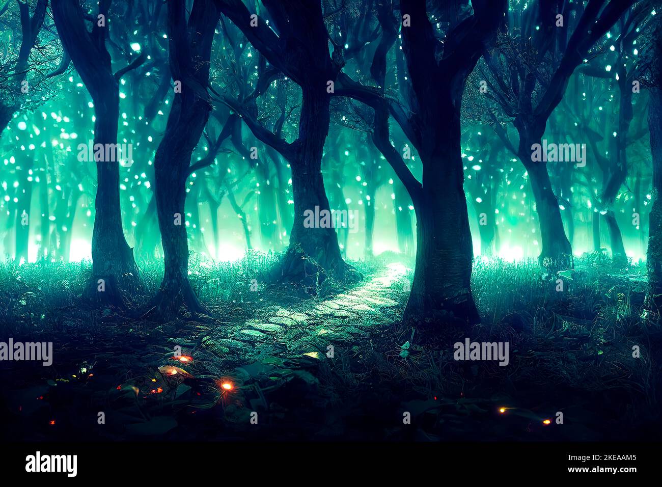 Magical forest path with glowing fireflies . Night magical fantasy ...