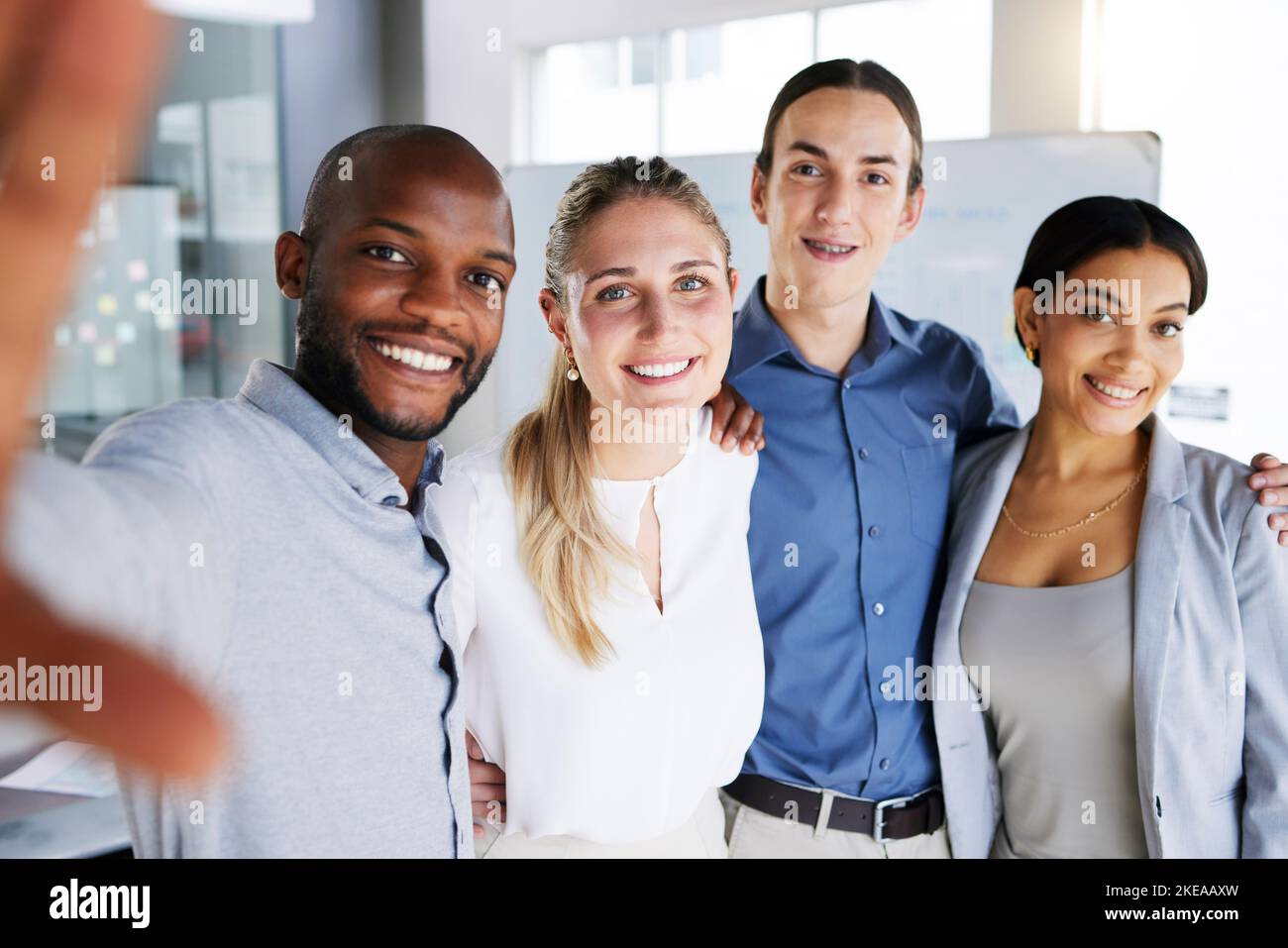 Selfie, friends and team with a business man and woman group taking a ...
