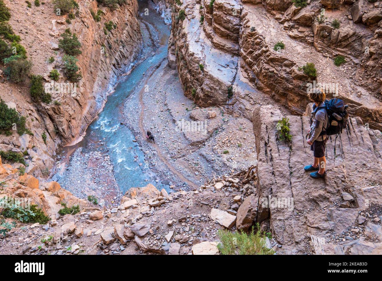 A trekker on a man made stairway up the canyon side of the M'Goun Gorge ...