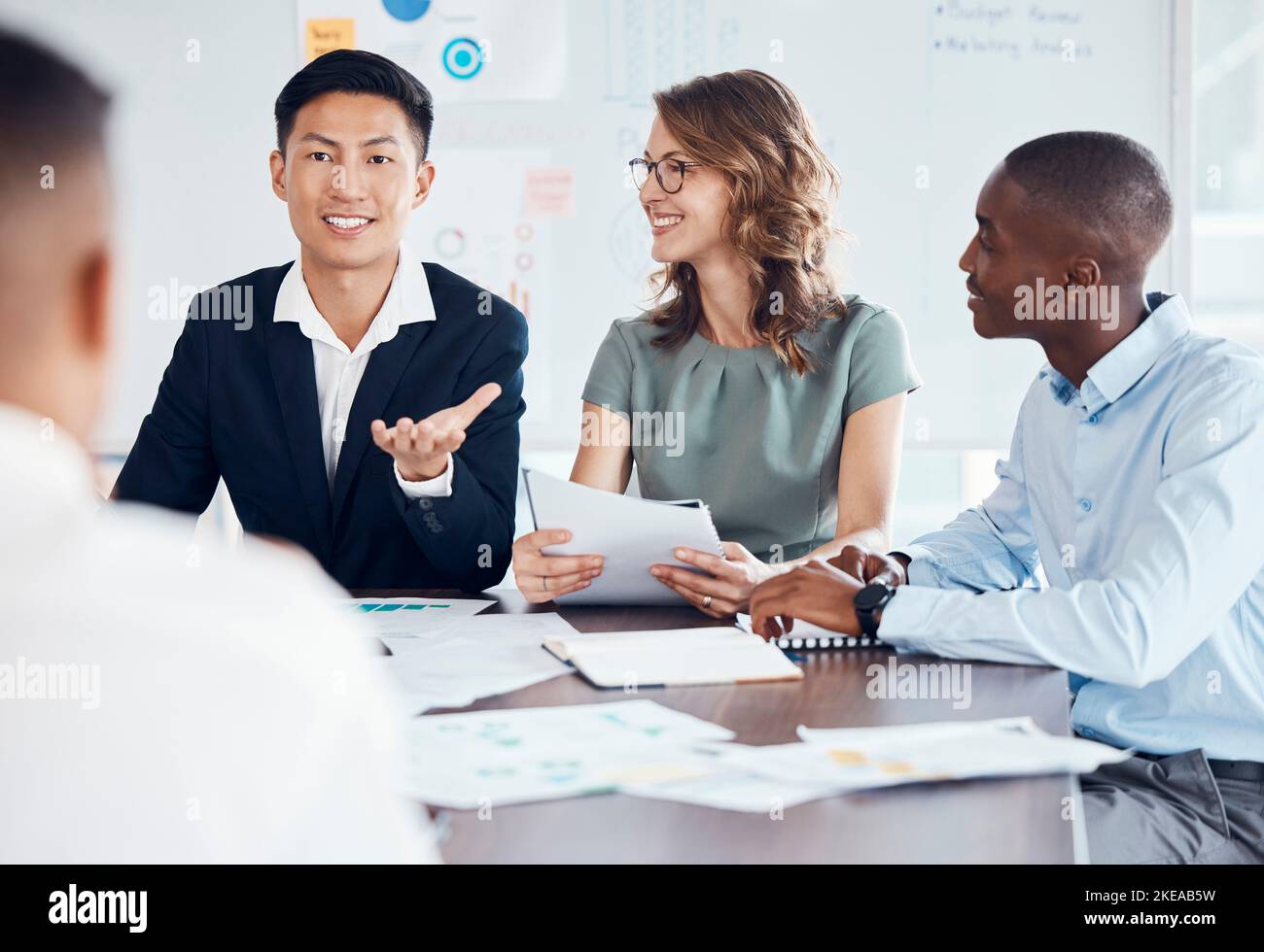 Office, team and meeting communication with question in boardroom with ...