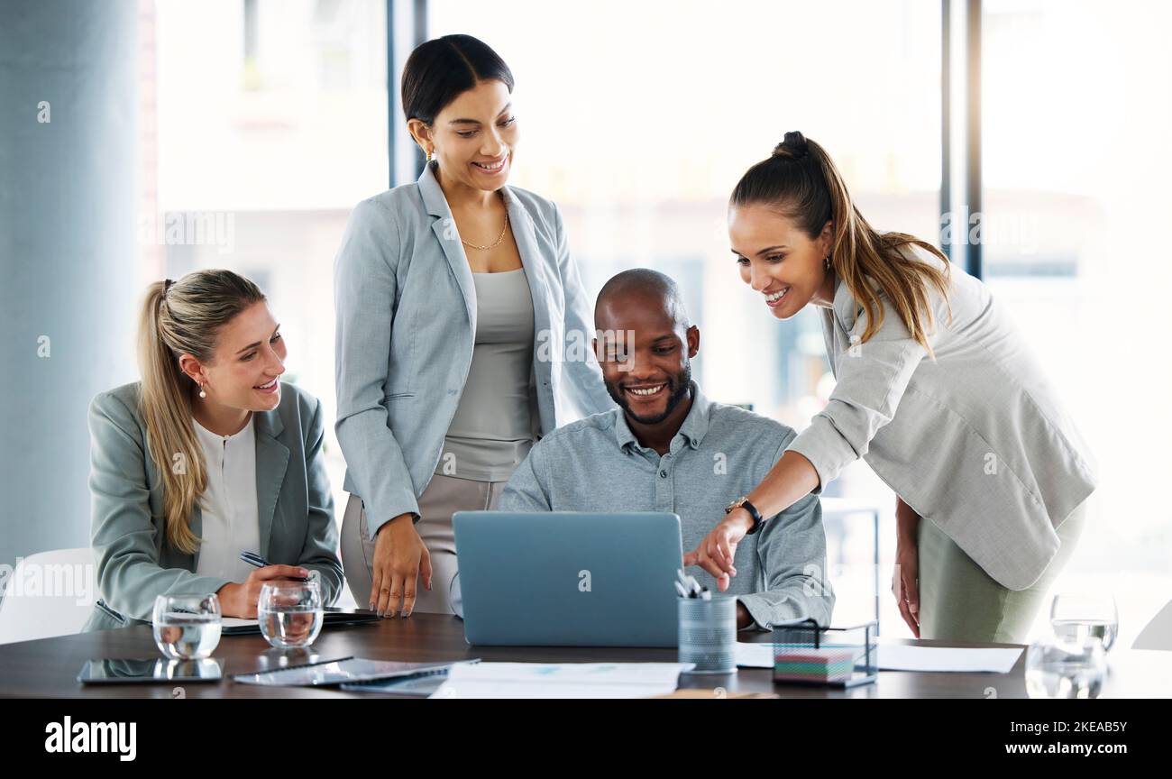 Business people, laptop and meeting for team idea, strategy or collaboration on group project at ...