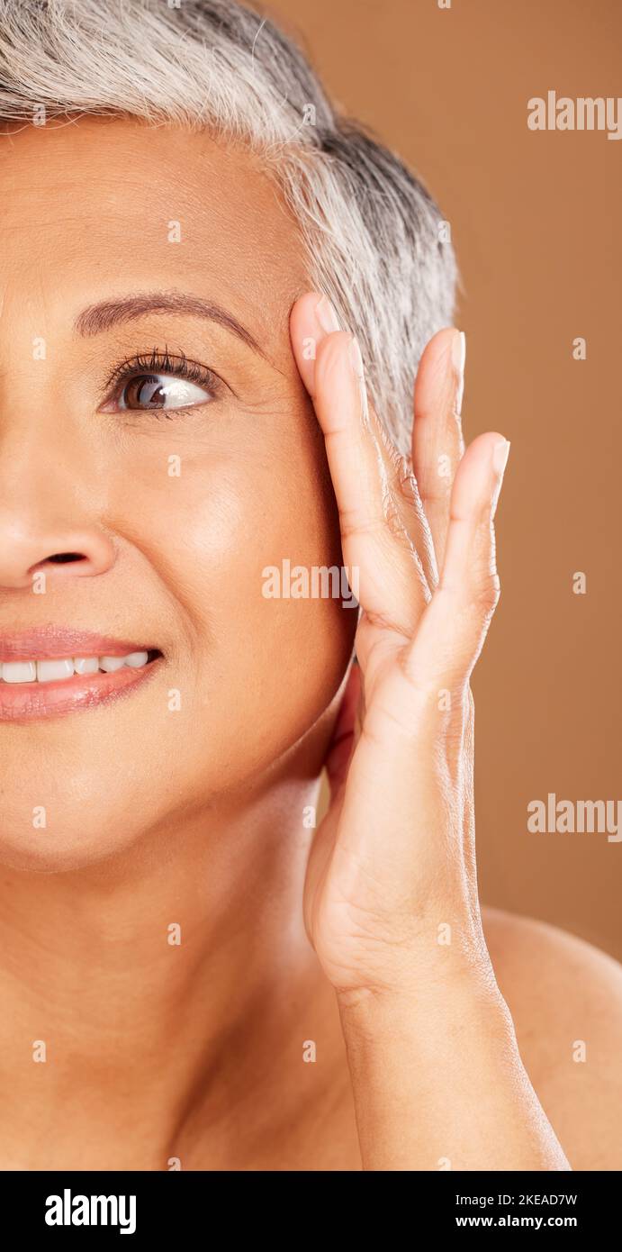Closeup, senior model and black woman for skincare, beauty or wellness ...
