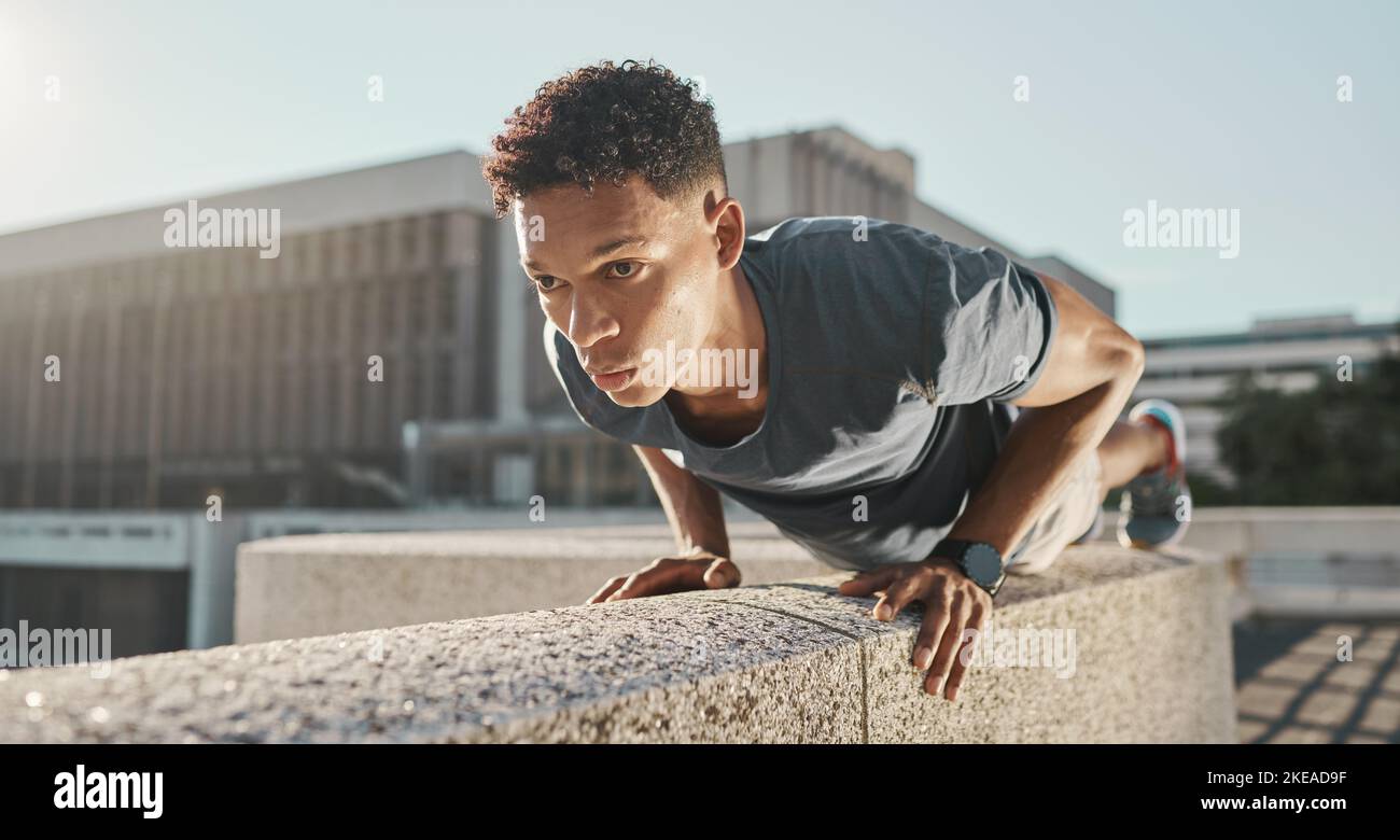 Exercise, black man and push ups outdoor at workout, fitness and focus ...