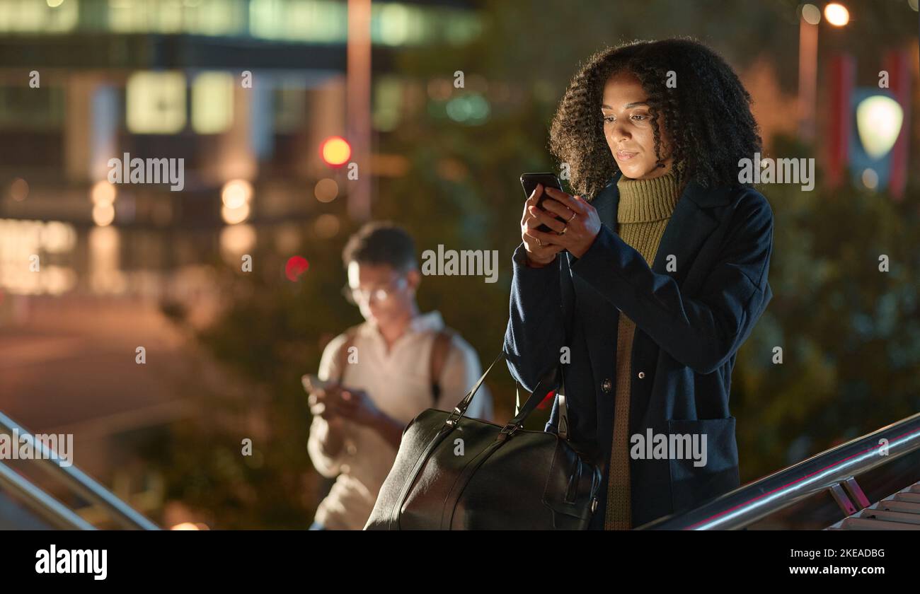 Black woman, phone and social media in the night city for communication ...