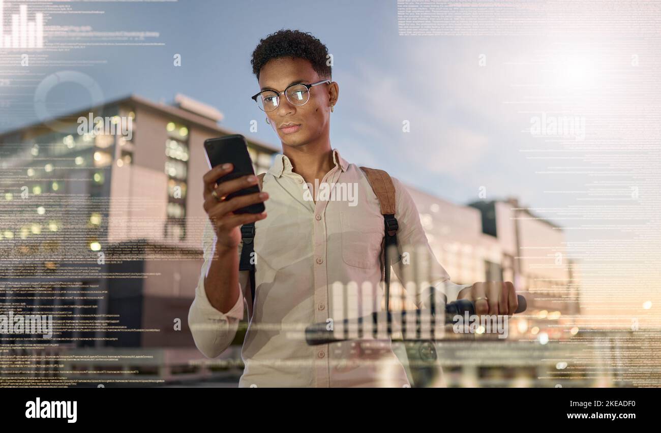 Hologram, man and futuristic phone communication with travel technology ...