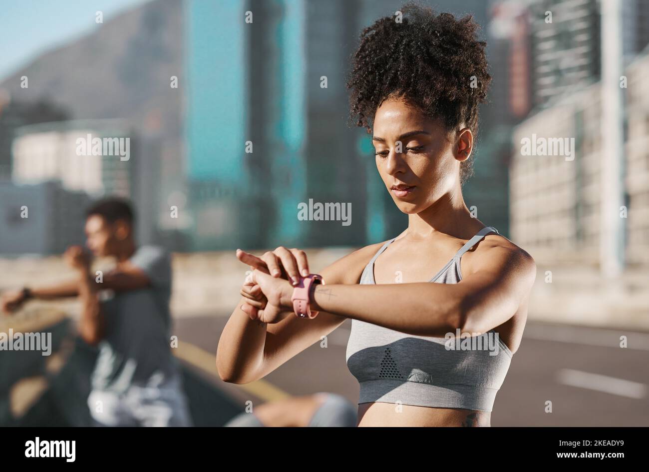 Fitness, black woman and sports watch to check progress, heart health ...