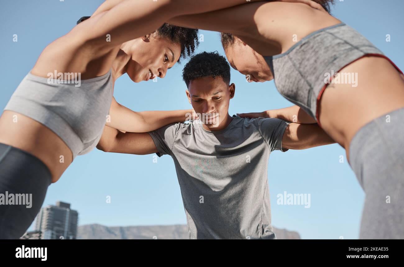 Fitness, motivation and friends in a circle before running for ...