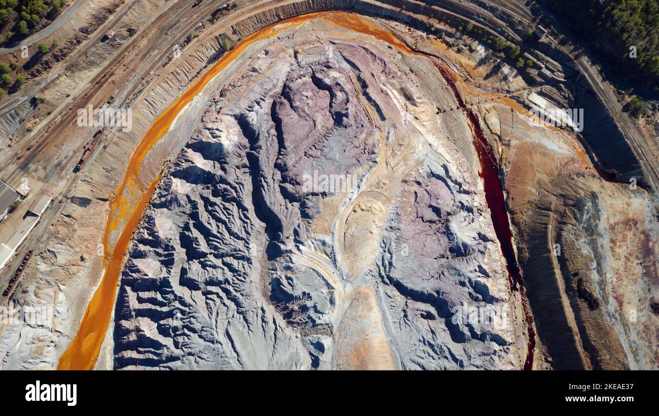Aerial drone view of Mining activity in Minas de Riotinto in Spain ...