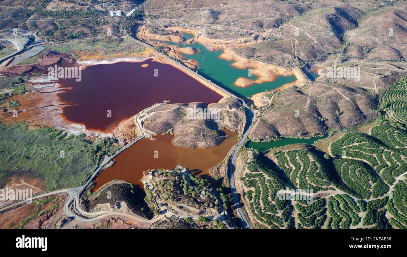 Aerial drone view of Mining activity in Minas de Riotinto in Spain ...