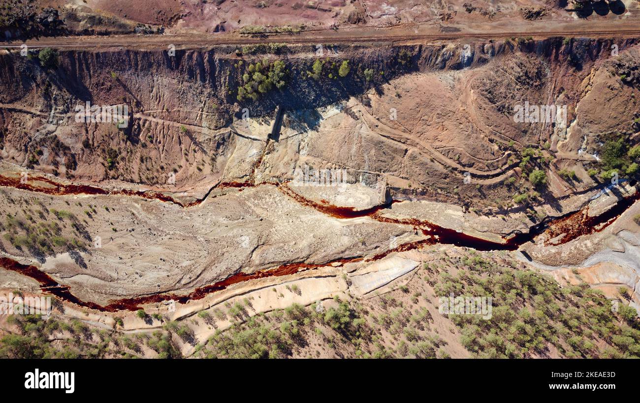 Aerial drone view of Mining activity in Minas de Riotinto in Spain ...