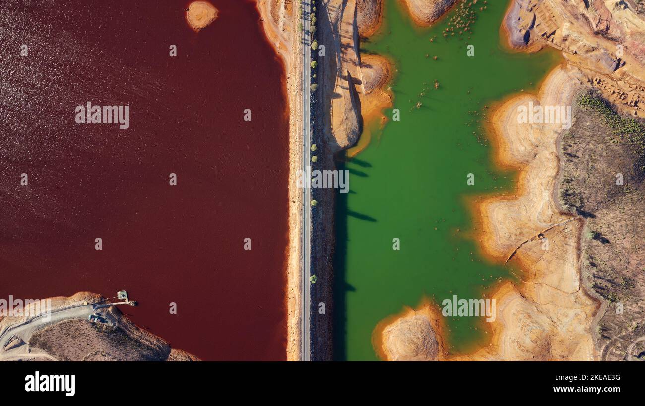Aerial drone view of Mining activity in Minas de Riotinto in Spain ...