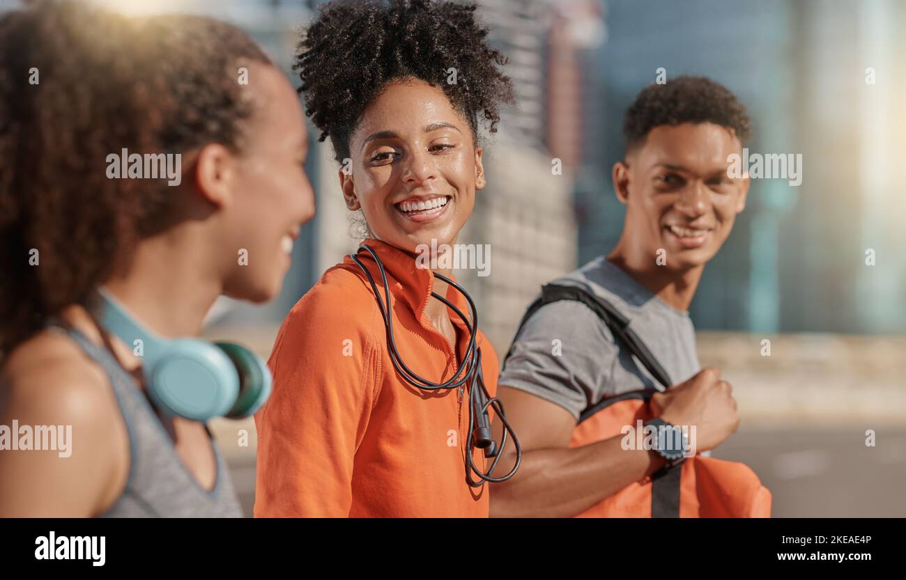 Health, athlete and team after exercise, wellness and relax after ...