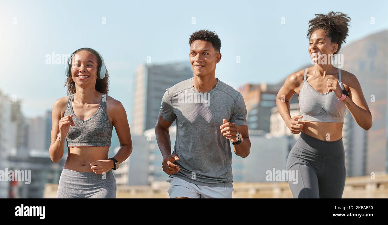 Group, city run and friends running for fitness exercise, summer runner ...