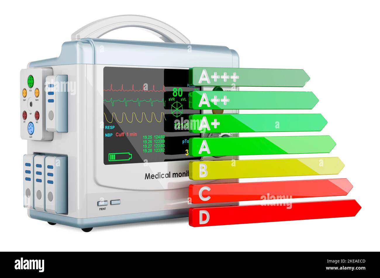 Medical monitor with energy efficiency chart, 3D rendering isolated on ...