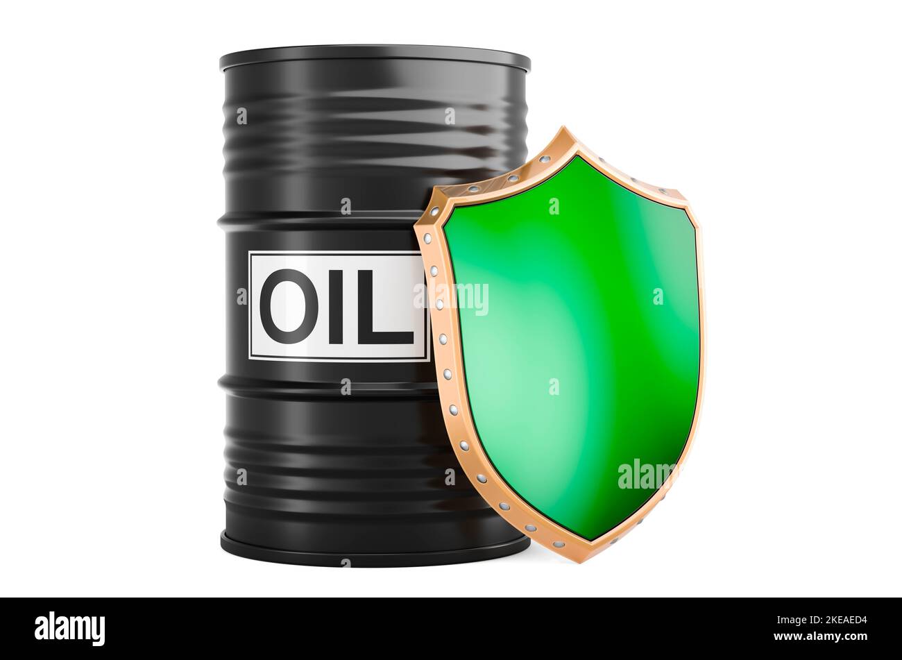 Oil barrel with shield, 3D rendering isolated on white background Stock ...