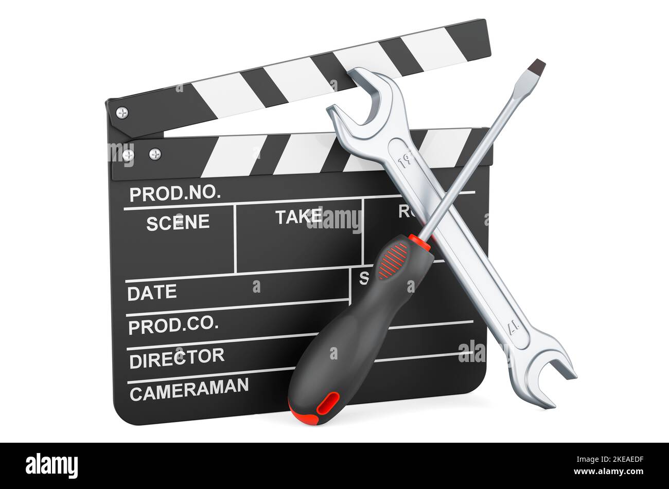 Clapperboard with screwdriver and wrench, 3D rendering isolated on ...