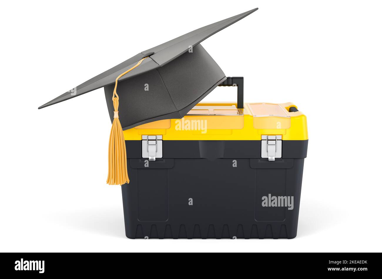 Toolbox with graduation hat. Construction workshop concept, 3D ...