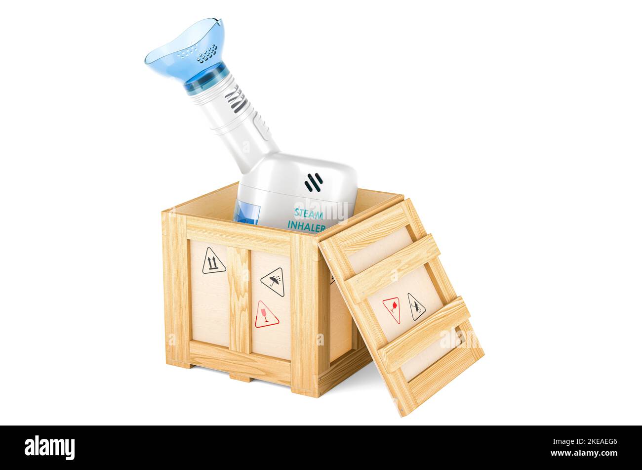 Steam inhaler inside wooden box, delivery concept. 3D rendering ...