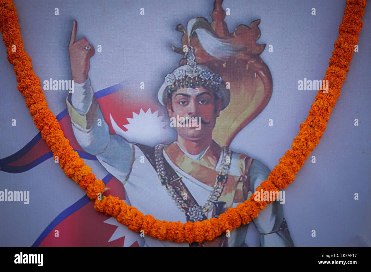 Nepal. 11th Nov, 2022. A garland hung over the picture of King Prithvi ...