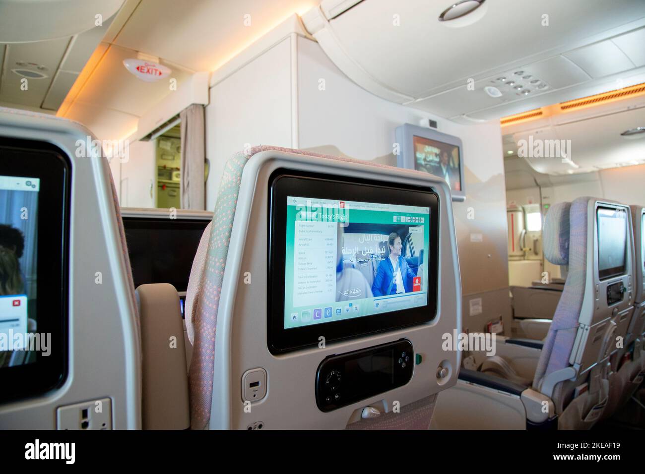 inside airplane with screen cabin Stock Photo - Alamy