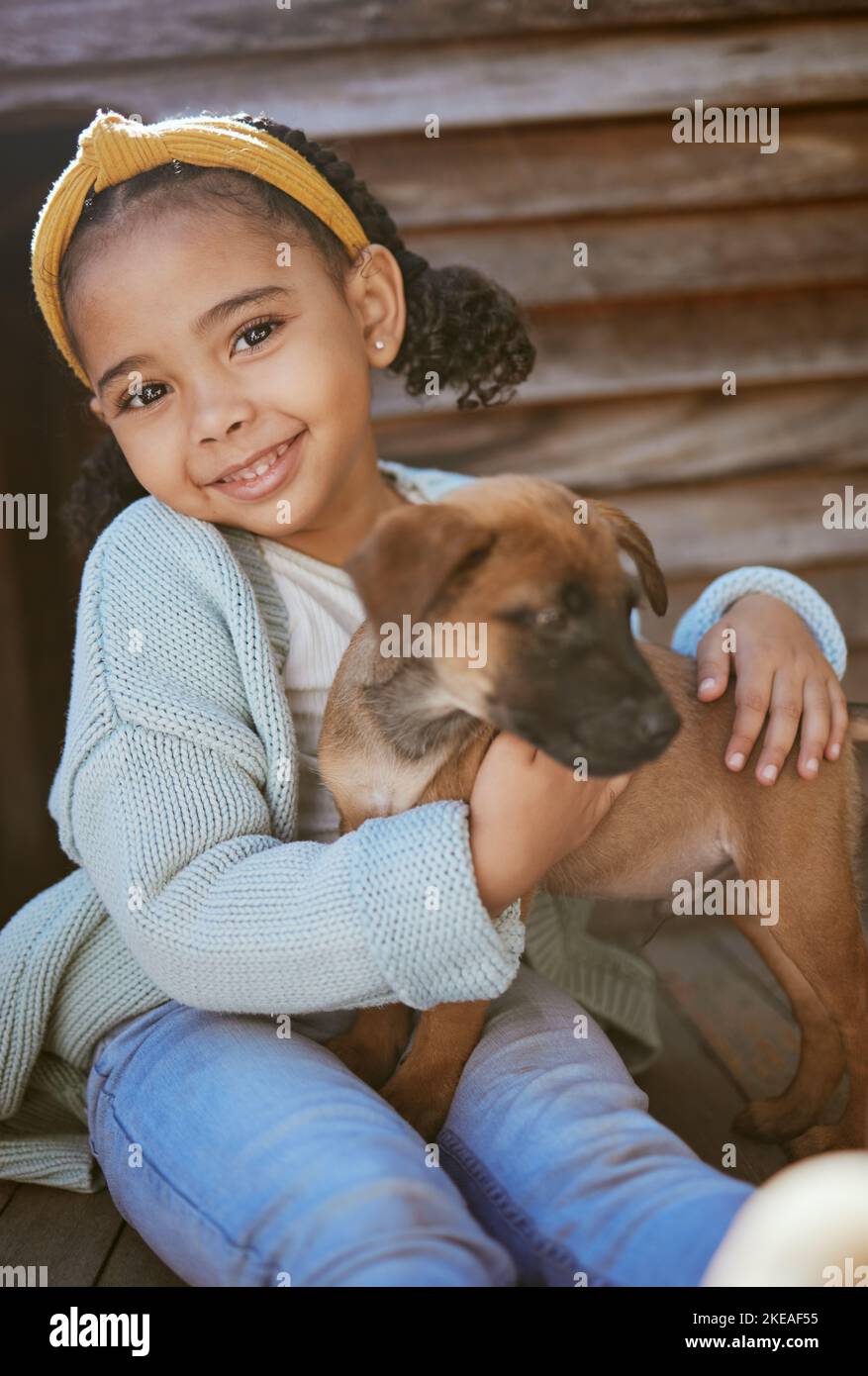 Pet, love and portrait of girl with dog smiling, happy and having fun ...