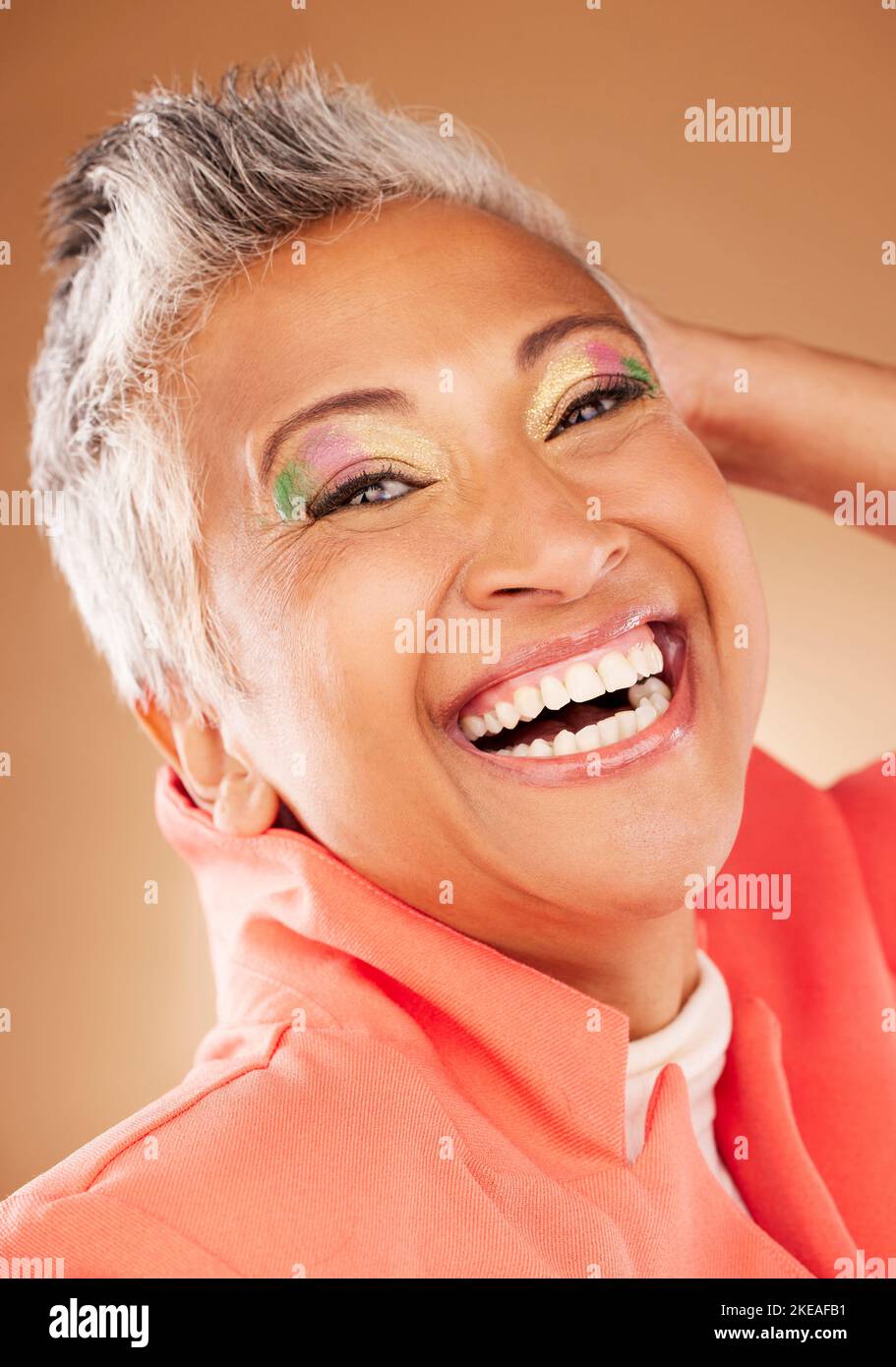 Beauty, senior woman and makeup with face, smile and happy with color ...