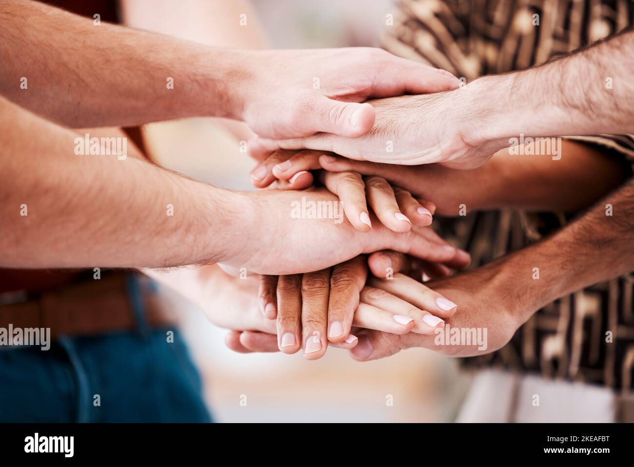 Hands, team building and employee teamwork with business community ...